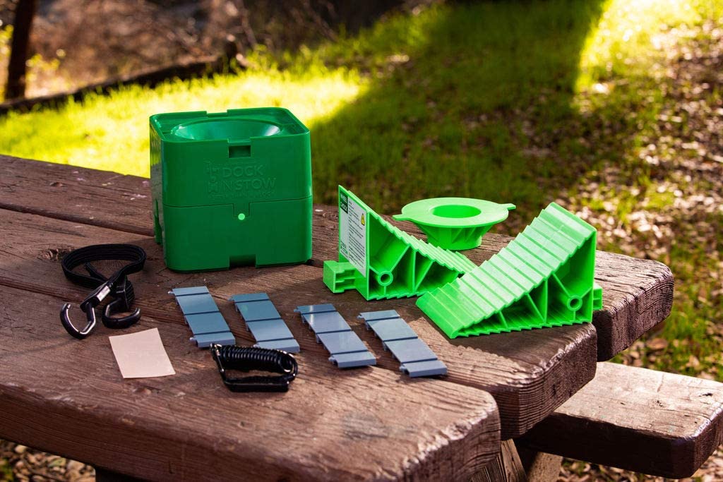 Dock N Stow Trailer Jack Stand, Stabilizer Leveling Block Store on Tongue Frame, Fits Most Jacks, Set Includes Wheel Chocks & Lock, RV Camper, Boat, Pop Up Travel Accessories, Secure w/Bungee, GEN 1B