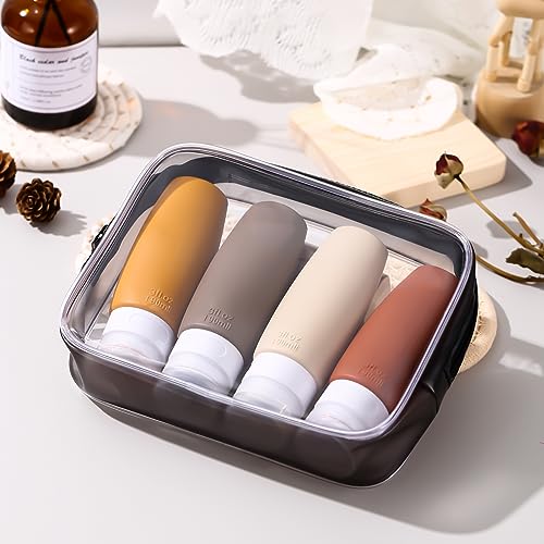 LIYUABU Silicone Travel Bottles for Toiletries,Tsa Approved 3oz 4Pack Portable Refillable Travel Bottles,Leak Proof BPA Free Squeezable Travel Size Containers Accessories with Toiletry Bag(Brown)