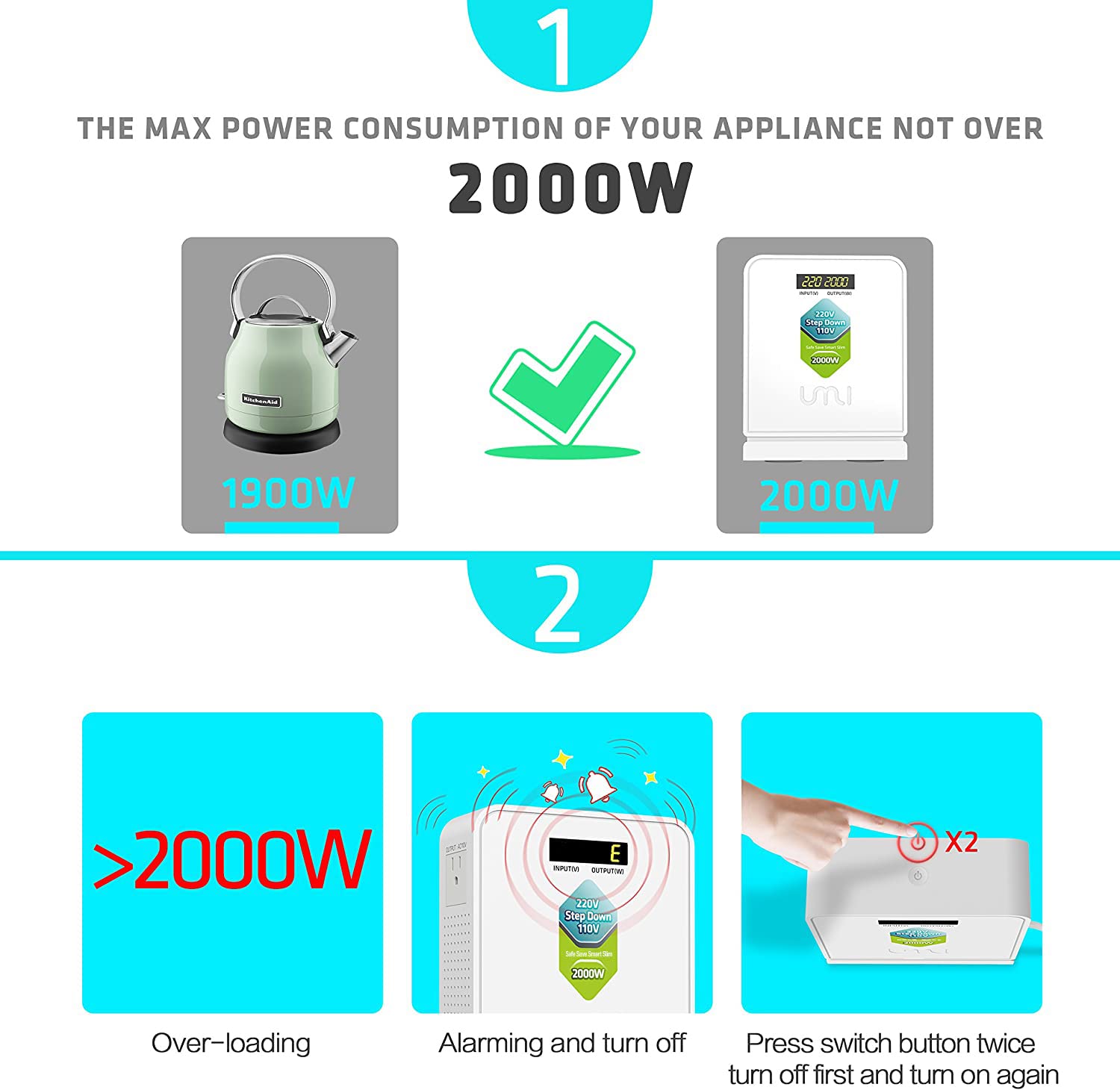 UMI 1200W 2000W Step Down Voltage 220v to 110v Converter, Heavy Duty Power Converter 220V to 110V, Good Transformer for Overseas, Step Down Converter 220V to 110V - US to Europe Voltage Converte