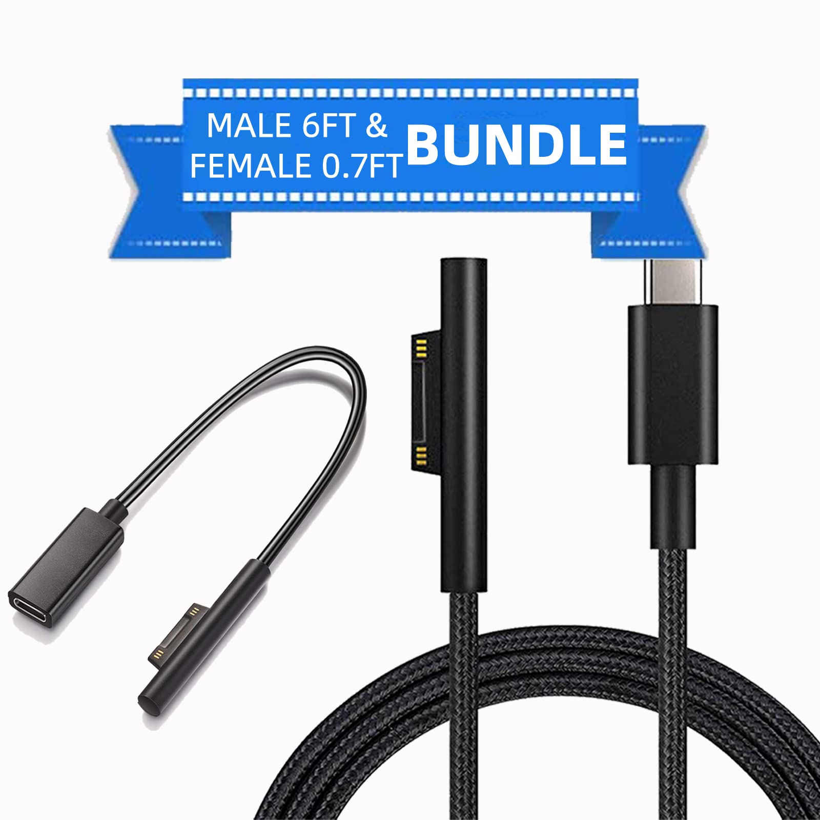 Sisyphy Male & Female USB C Charging Cable Bundle for Surface, 6ft Nylon Male Cable and 0.7ft Female Cable, Compatible for Microsoft Surface Pro7 Go2 Pro6 5/4/3 Surface Laptop1/2/3 & Surface Go