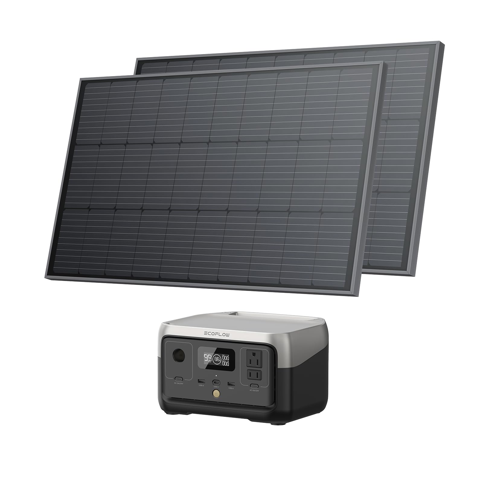 EF ECOFLOW Solar Generator 256Wh RIVER 2 with 2x100W Solar Panel LiFePO4 Battery, Up to 600W AC Outlets, Portable Power Station for Outdoor Camping/RVs/Home Use