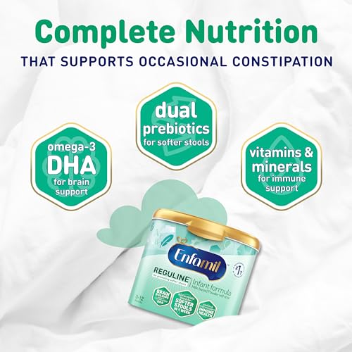 Enfamil Reguline Baby Formula, Milk-Based Infant Nutrition, Dual Prebiotics for Soft, Comfortable Stools within 1 Week of Use, Omega-3 DHA for Immune Support, Reusable Powder Tub, 19.5 Oz