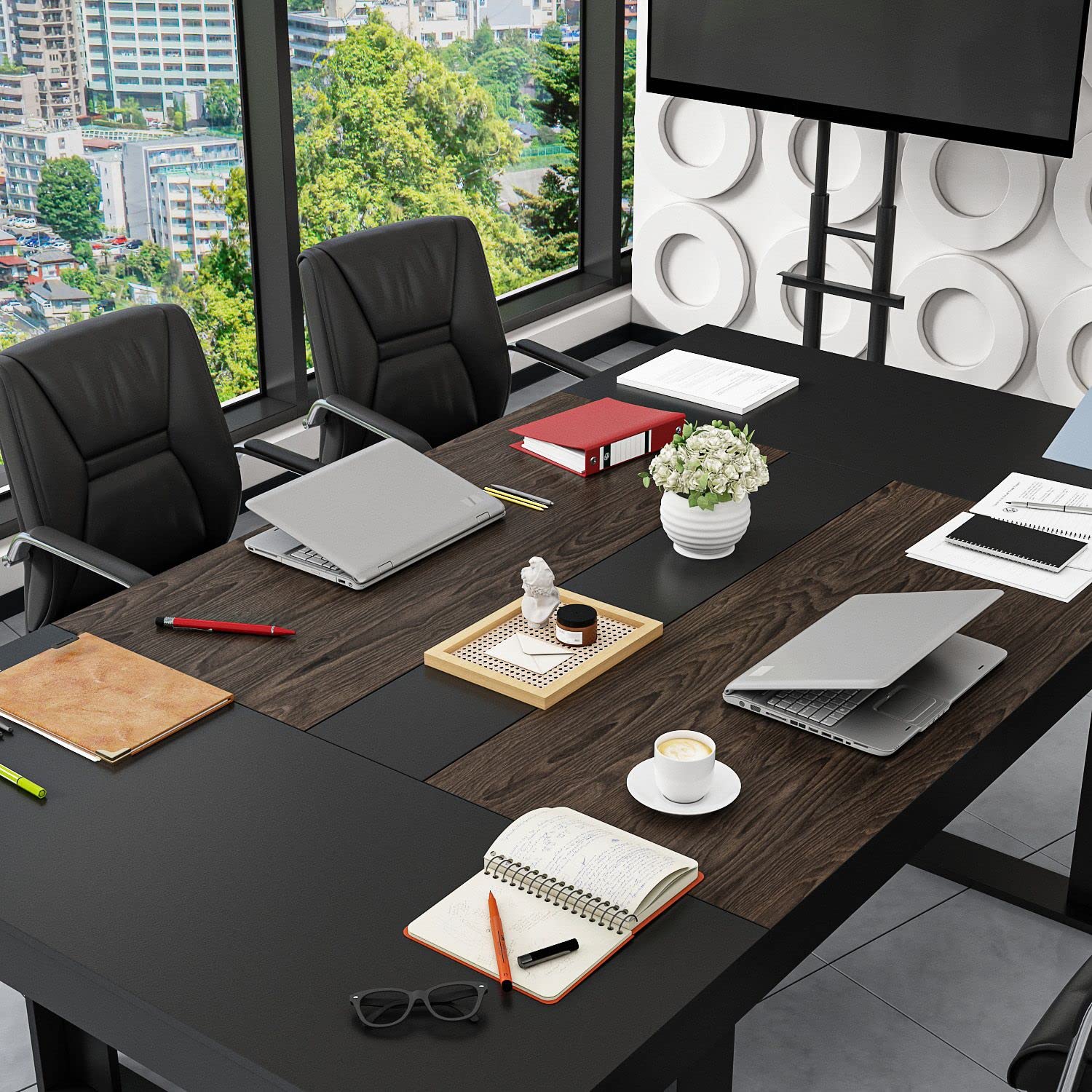 FAMAPY 7.2FT Conference Table Podcast Table, Black Metal Frame, Rectangular Office Table Meeting Table Podcast Table, Black and Deep Walnut (86.8”W x 47.2”D x 29.4”H)