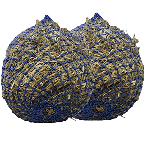 Majestic Ally 2 Pcs 1.25”x1.25” Holes Ultra Slow Feed 36” Very Sturdy Hay Net with Bottom Ring for Horses, Goat, Travel Feeder for Trailer and Stall, Reduces Waste (Royal Blue)