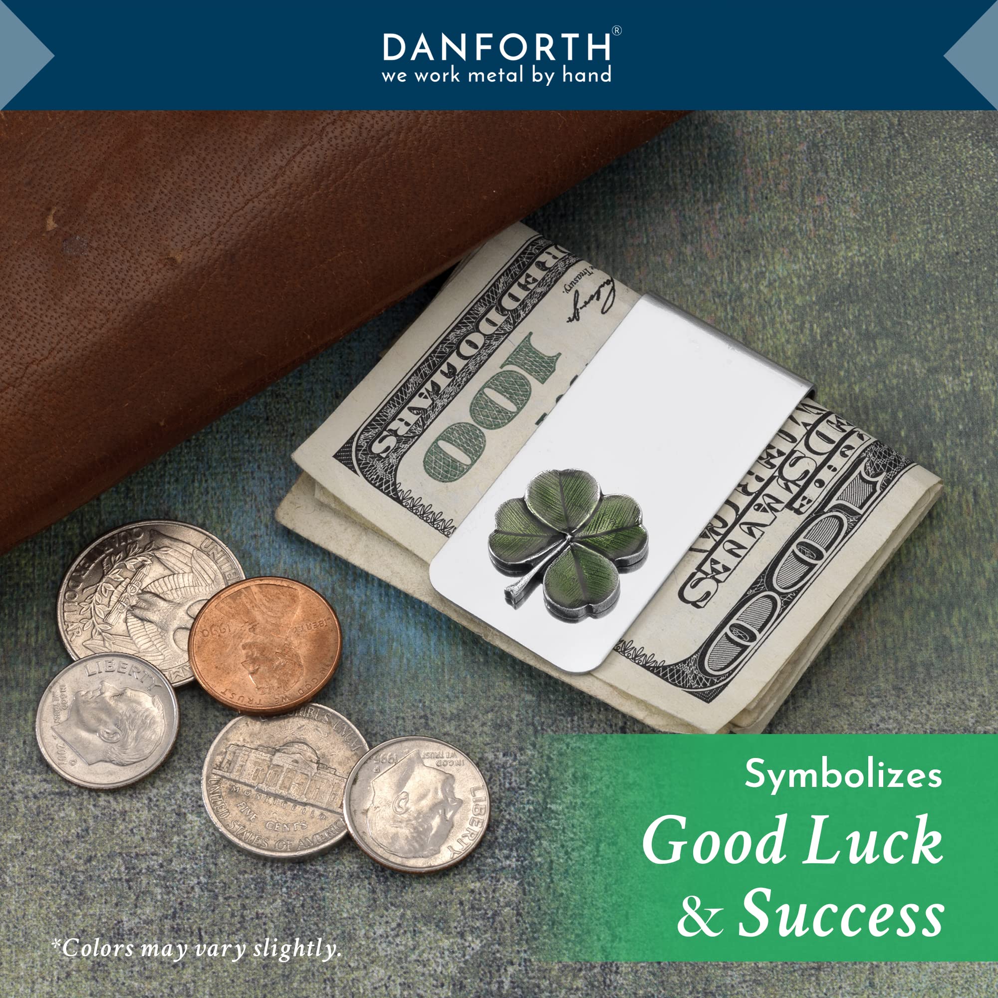 DANFORTH Four Leaf Clover Money Clip For Men, Handcrafted Pewter Metal Irish Shamrock Money Clip, 2”, Made In USA