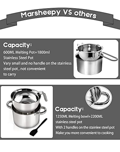 Marsheepy Double Boiler Pot Set,1250ML/1.1QT Mixing Bowl for Chocolate Melting, 2200ML/ 2QT 304 Stainless Steel Pot With Silicone Spatula for Melting Chocolate, Candy, Candle, Soap, Wax