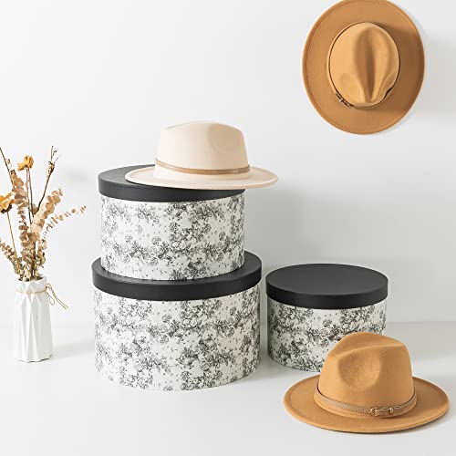 Soul & Lane Floral Hat Round Boxes with Lids - Set of 3: Nesting Cardboard Hat Storage, Large Black Print Hat Cases, Round Decorative Keepsake Boxes, Stacking Paper Mache Craft Boxes