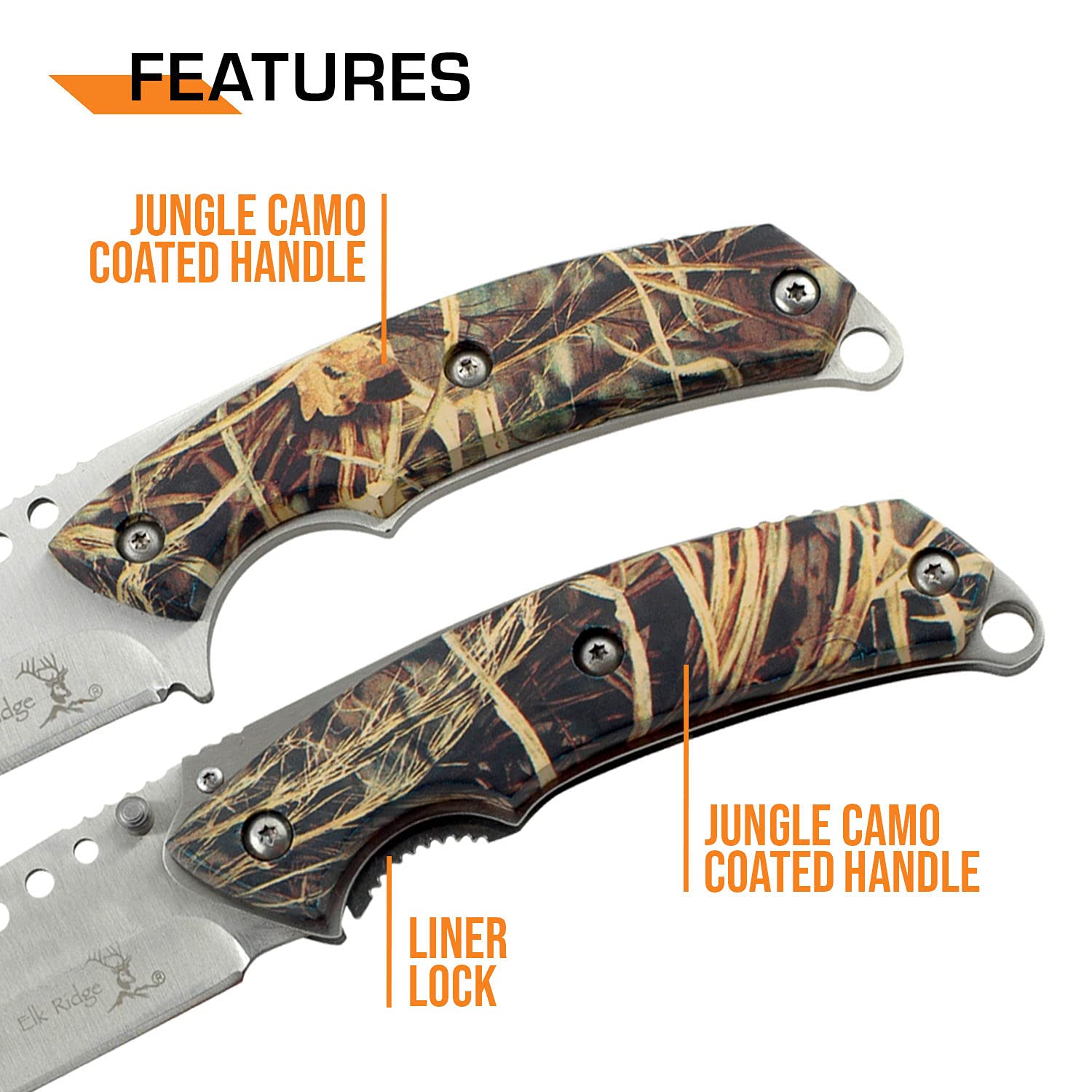 Elk Ridge - Outdoors Hunting Knife Set- 2 PC Fixed Blade and Folding Knife Set, Satin Finished Stainless Steel Blades, Camo Coated Handles, Includes Combo Nylon Sheath - Hunting, Camping, Survival - ER-054CA