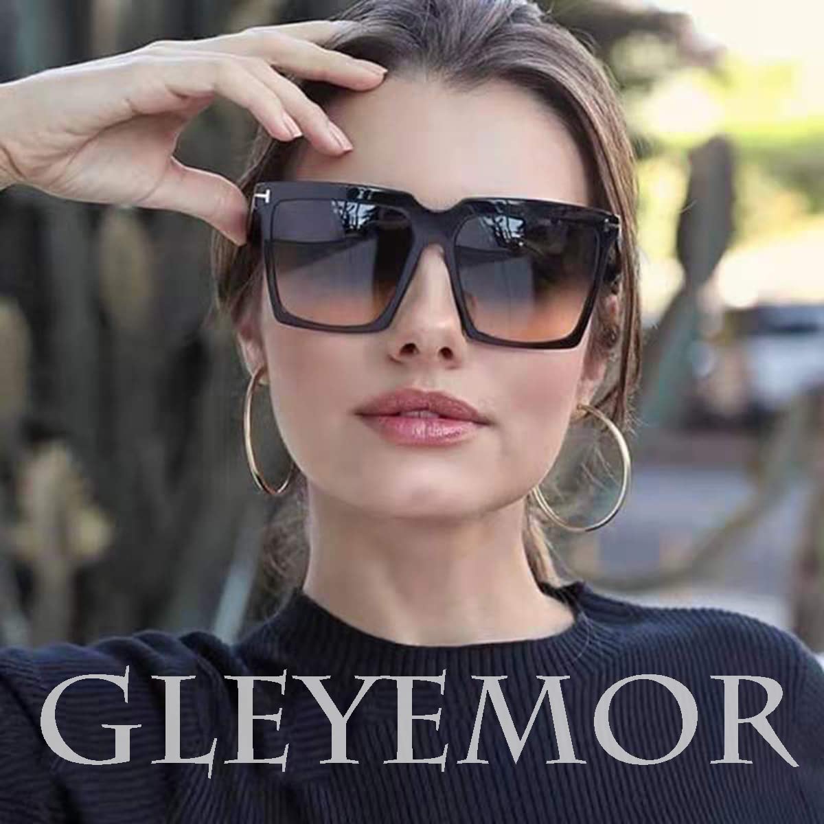 Gleyemor Trendy Large Square Sunglasses for Women Men Fashion Oversized Frame Shades UV400 Protection (Black/Grey)