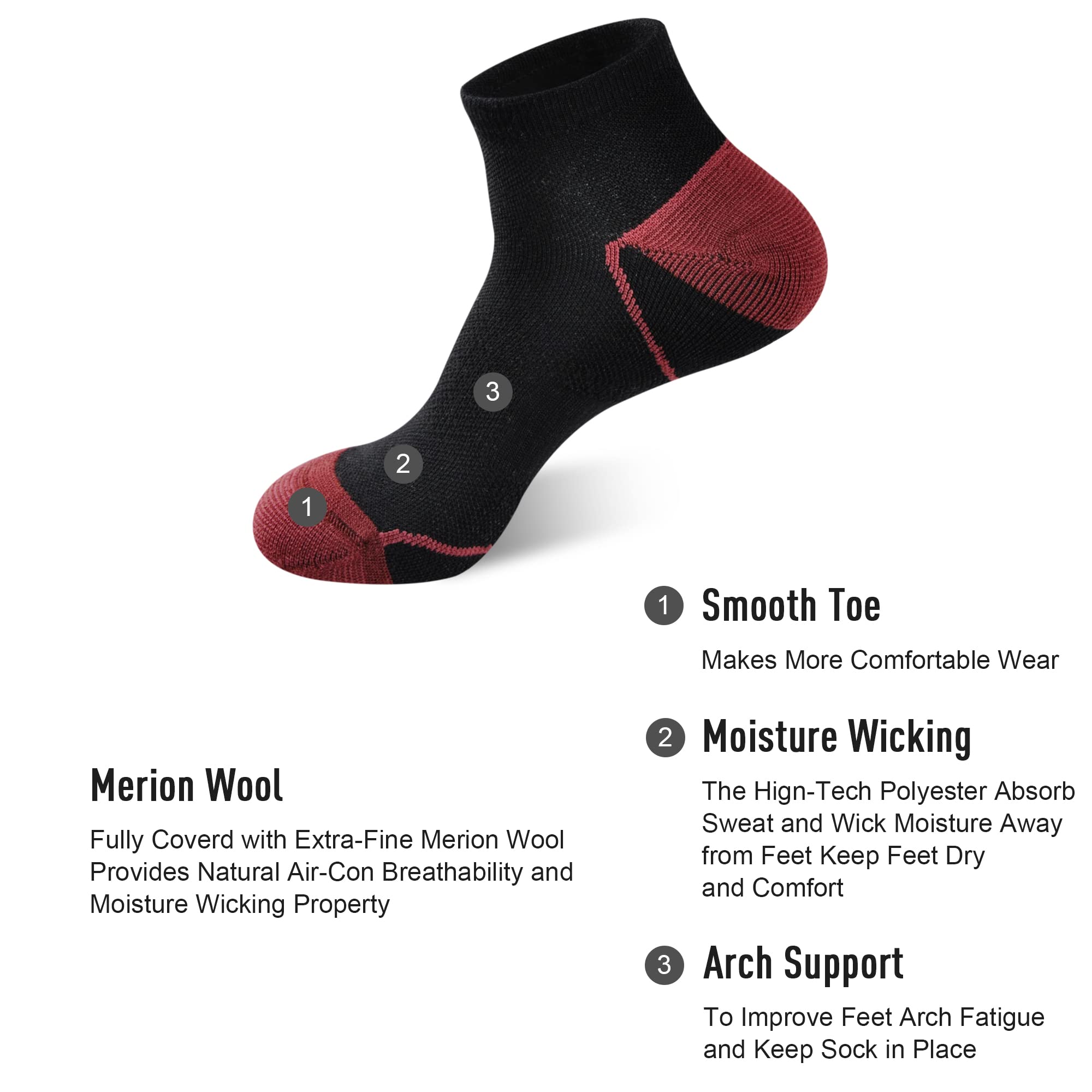 ECOEY Ultimate No Show Merino Wool Performance Athletic Running Socks for Men and Women (Black 4P, 9-11)