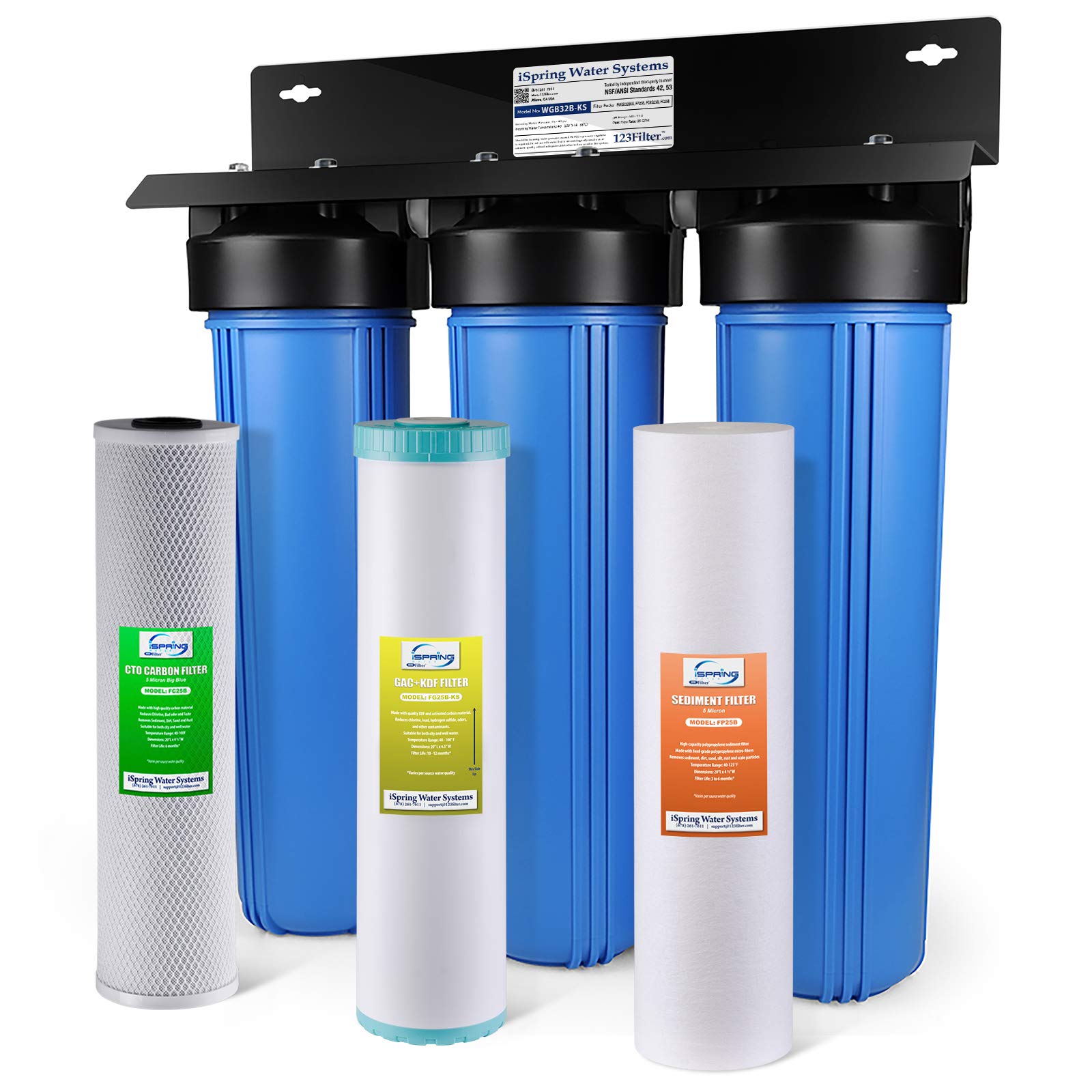 iSpring Whole House Water Filter System, Reduces PFOA/PFOS, PFAS, Lead, Chlorine, Chloramine, Sediment, 3-Stage Whole House Water Filtration System, Model: WGB32B-KS
