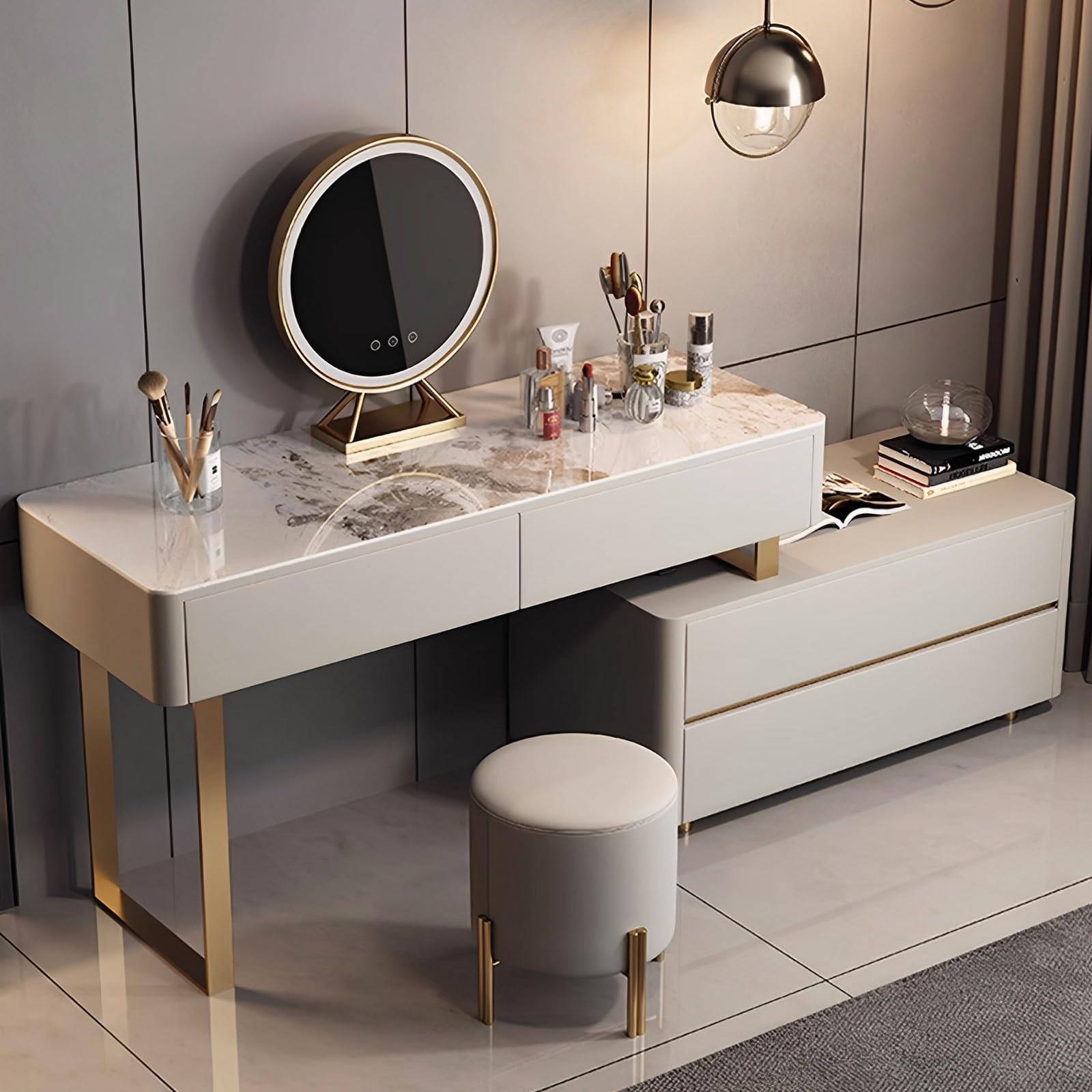 Onaninso Makeup Vanity Table with Lighted Mirror, Vanity Desk with Slate Tabletop and Solid Wood Frame, 4 Drawers, Stool, Side Cabinet, Vanity Set for Bedroom (47.2in)