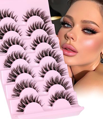 False Lashes Clear Band Eyelashes Natural Cat Eye Lashes Wispy Fake Eyelashes 16mm Fluffy Mink Lashes Pack 7 Pairs by Yawamica