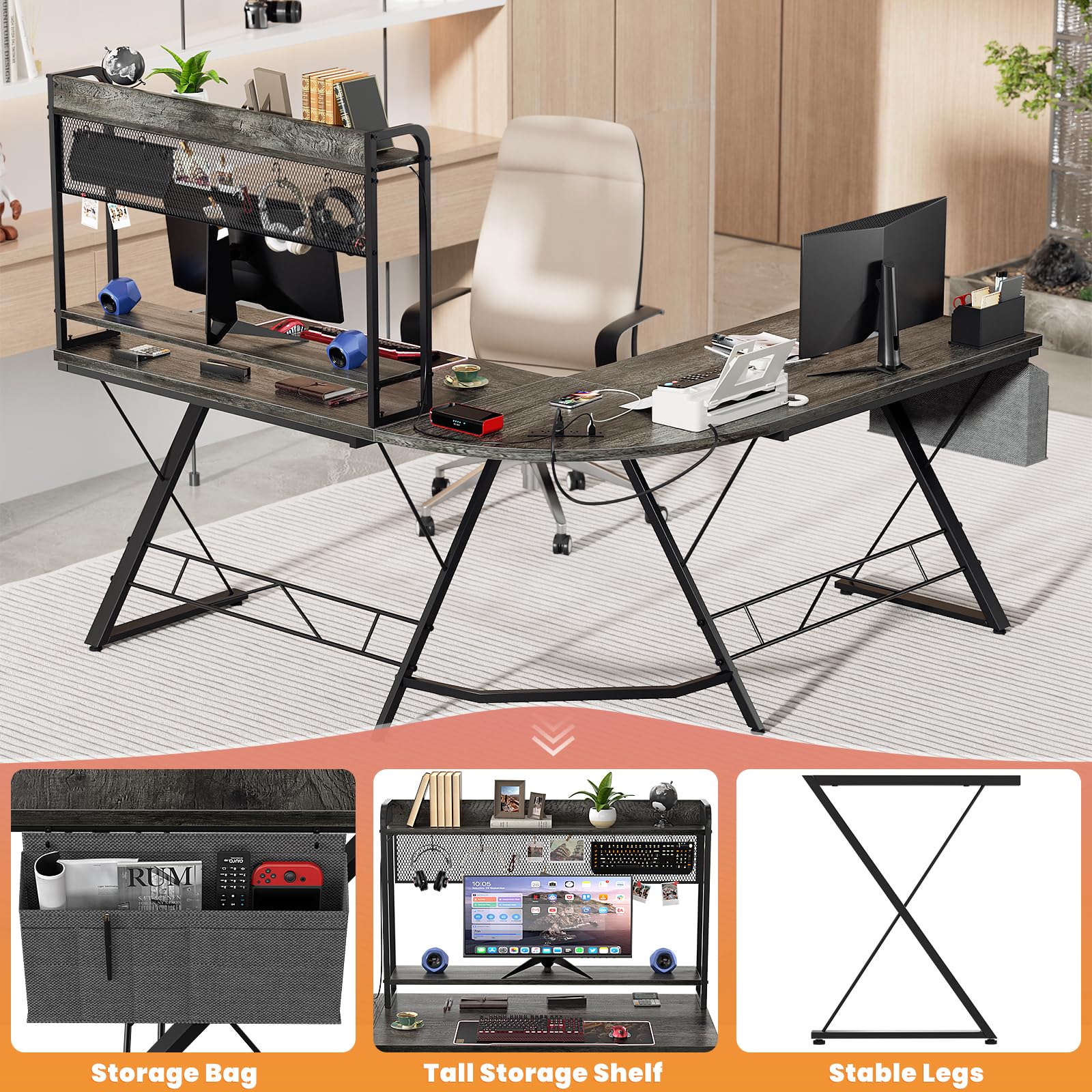 Cyclysio L Shaped Gaming Desk with Hutch, Reversible L-Shaped Desk with LED Lights and Power Outlets, Corner Gaming Desk Computer Desk with Storage Shelves & Storage Bag, Home Office Desk, Black