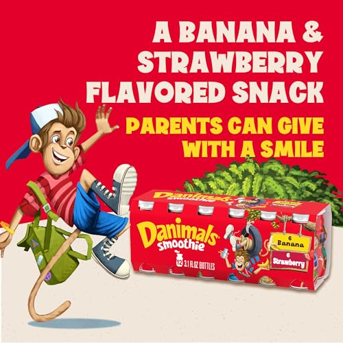 Danimals Smoothie Strawberry Explosion and Banana Split Dairy Drink Multi-Pack, Easy Snacks for Kids, 12 Ct, 3.1 OZ Smoothie Bottles