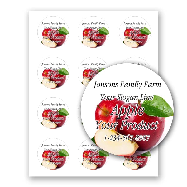 Fruit Adhesive 2 inch Round Paper Labels for Mason Jar Leeds Gift Box Home Canning Jam Jelly Marmalade Candy Syrup Preserves Personalized Farm Kitchen Name (Apple, 12 Labels on 1 Sheet)