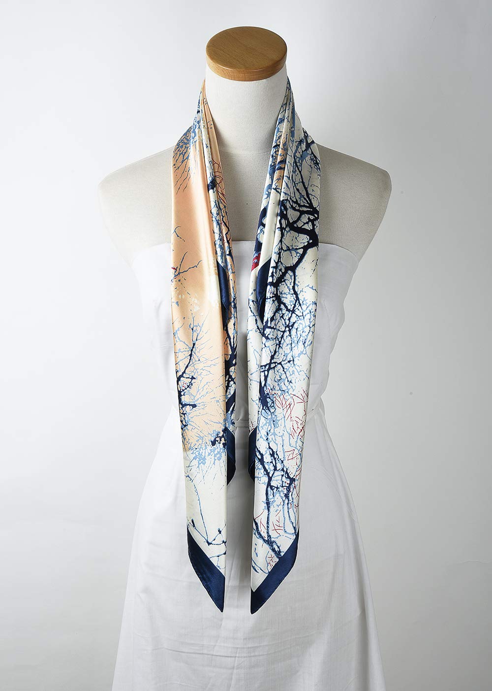 corciova 35 x 35 Large Bandana Women Satin Tie Square Headband Silk Like Hair Scarf Wrap Headscarf Prussian Blue Beige Trees