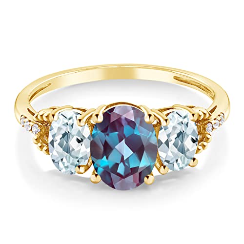 Gem Stone King 2.44 Ct Oval Purplish Created Alexandrite Sky Blue Aquamarine 10K Yellow Gold Ring (Size 6)