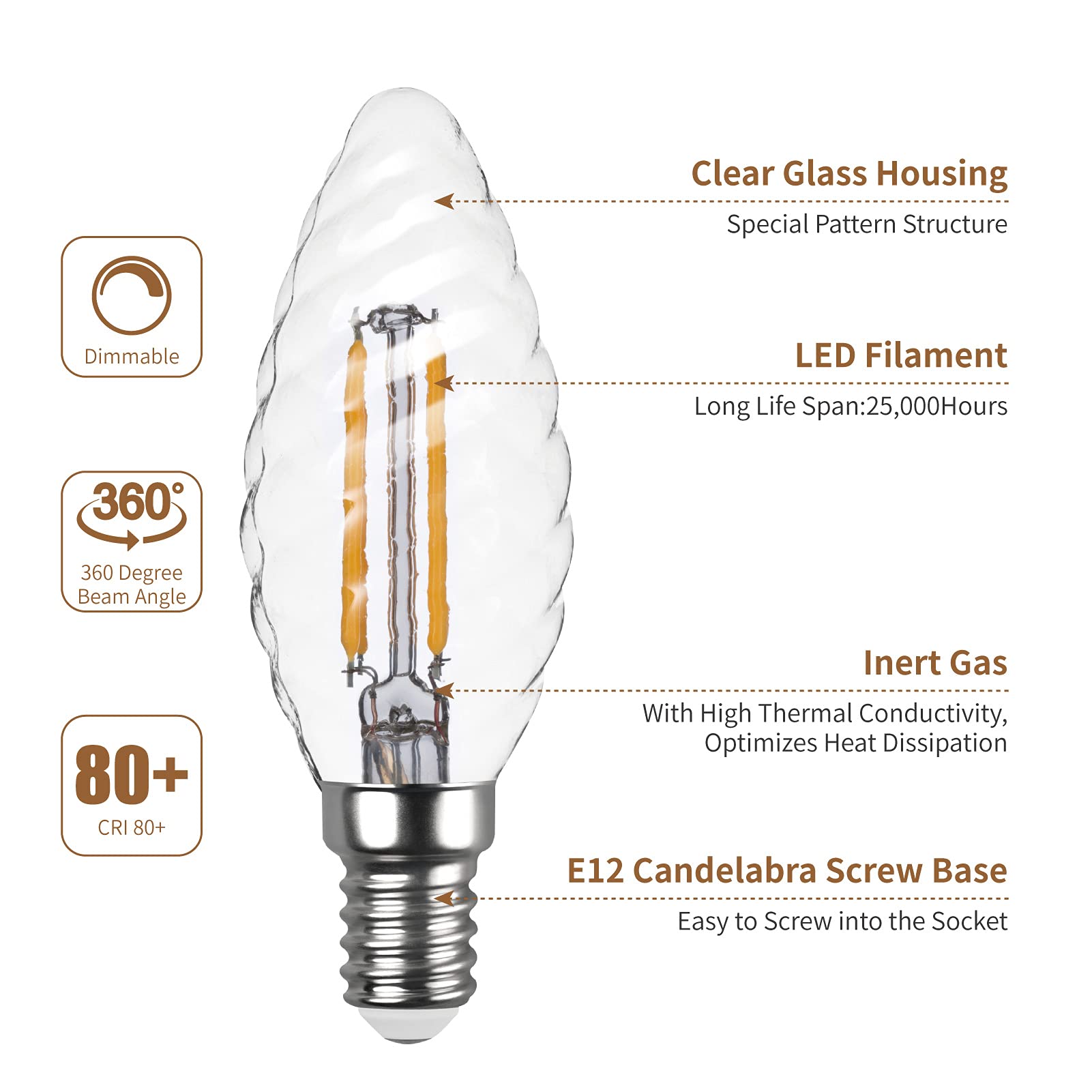 ECOVANIA E12 LED Candelabra Bulbs, Dimmable Clear Glass B11 LED Filament Candle Bulbs for Chandelier Ceiling Fan Light,4 Watt Equivalent to 40 Watt, Soft White 2700K, 6 Pack