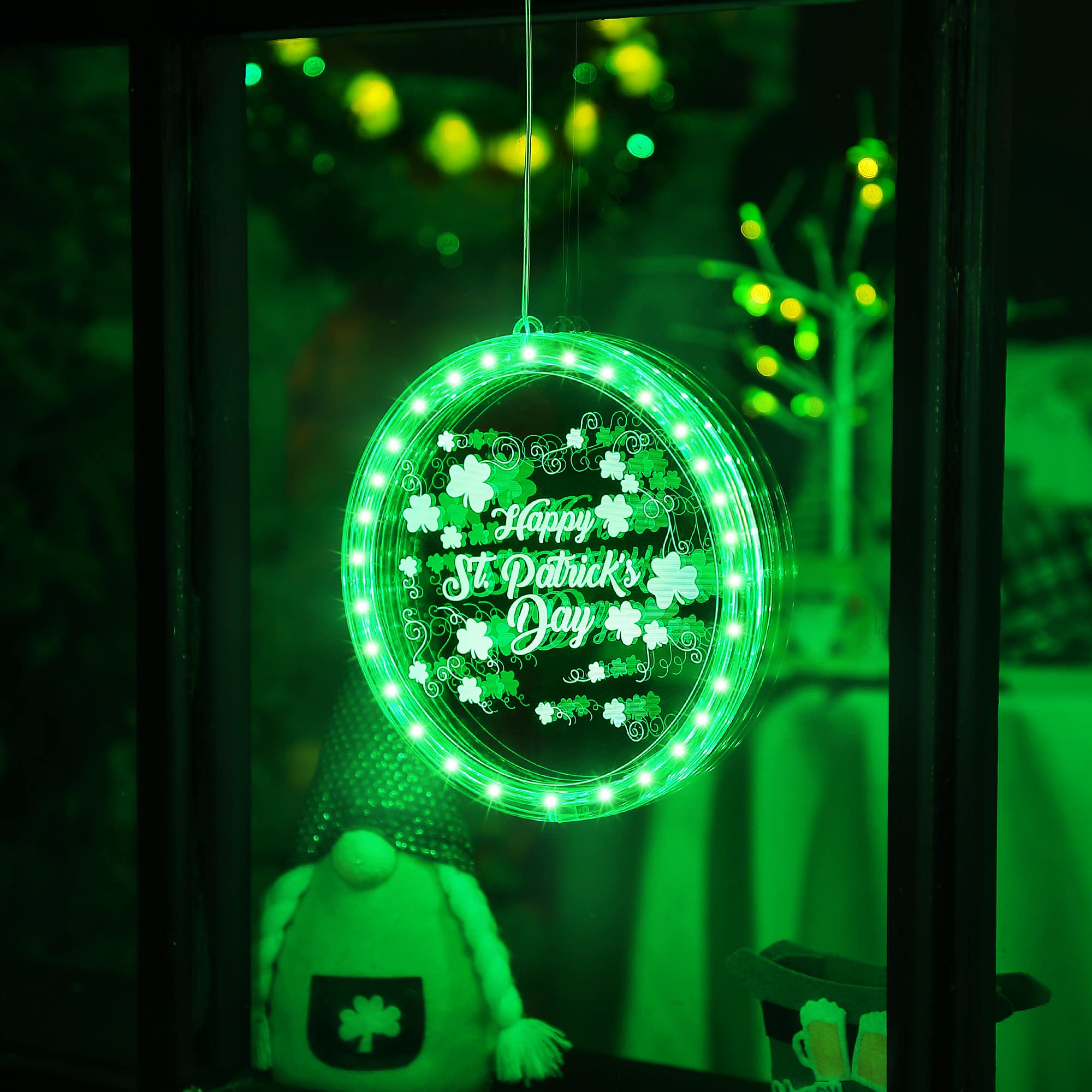 Enhon St. Patrick's Day Clover Window Light Decoration, Backdrop Decorative Saint Patrick Green Light for Windows Pathway Patio Bedroom Party Holiday Wall Decor (Word Style)