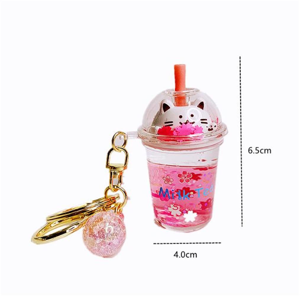 Ergugos Cute Cat Milk Tea Keychain Simulation Bubble Milk Tea Key Chain Kawaii Transparent Liquid Keyring Car Key/Bag/Key Pendants Accessories DIY Jewelry Craft