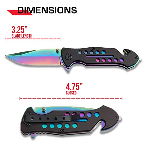 TAC Force Spring Assisted Folding Pocket Knife β Rainbow TiNite Coated Drop Point Blade and Liner, Black Aluminum Handle w/ Rope Cutter, Glass Punch, and Clip, Tactical, EDC, Rescue - TF-509 4.75 inch