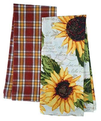 DII Design Imports Set 2 Rustic Sunflower Kitchen Dish Towels - Rustic Sunflower Print - Rustic Plaid