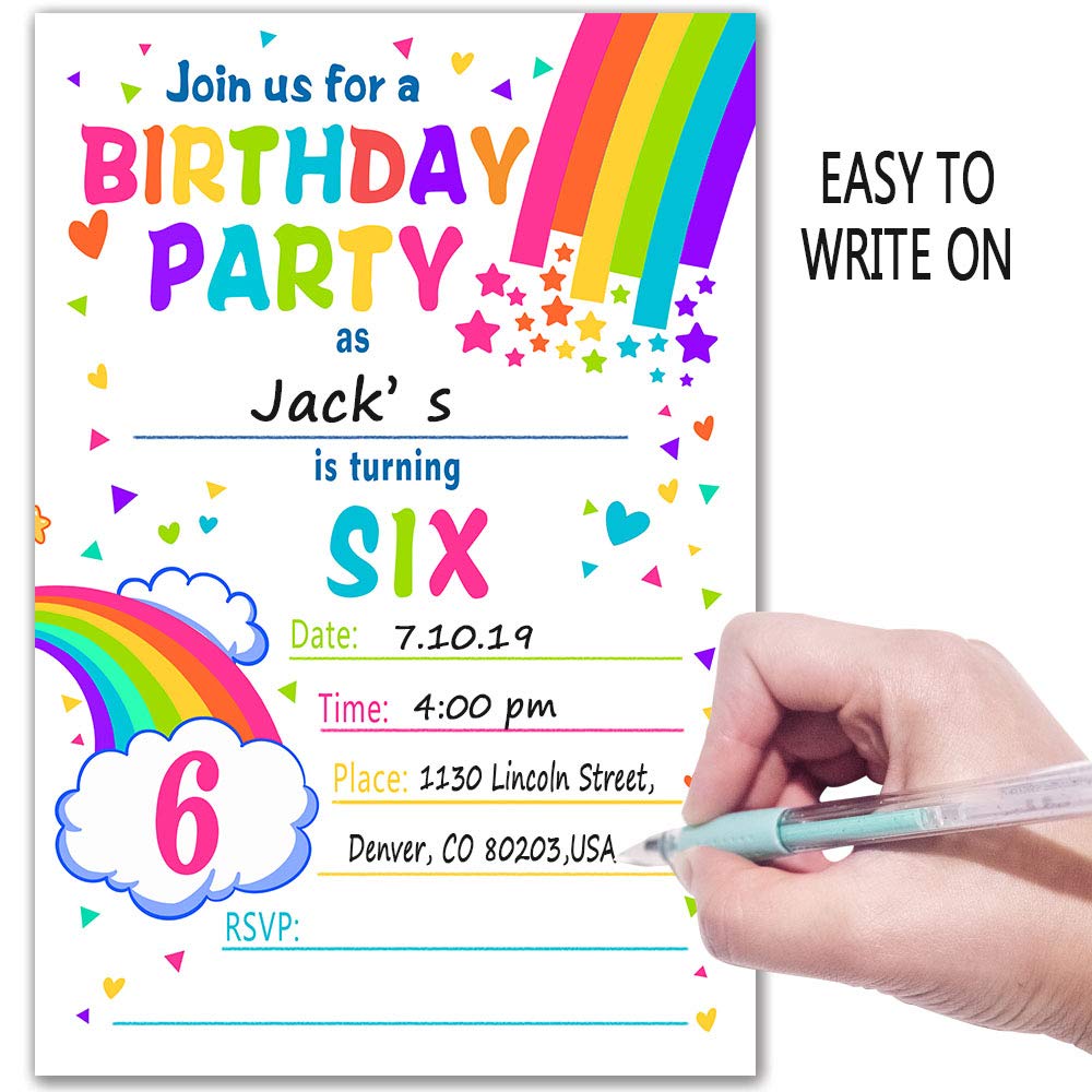 ukebobo Rainbow Happy Birthday Party Invitations for Child’s 6th Birthday Party – Colorful Invitation with Envelopes for Kids 6th Birthday Party – 20 Cards With Envelopes