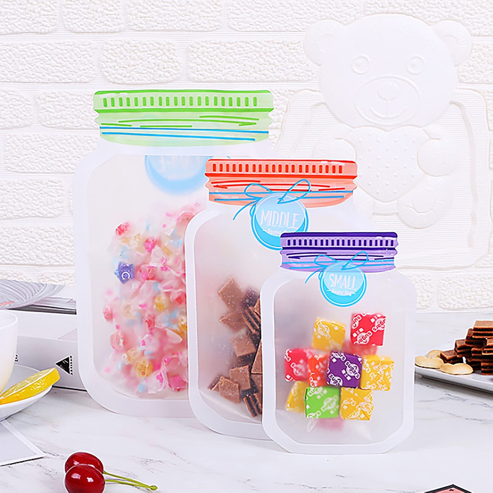 Enkrio 30 Pcs Mason Jar Zipper Bags Reusable Snack Bags Airtight Seal Bags for Kitchen Picnic (5S 10M 15L)