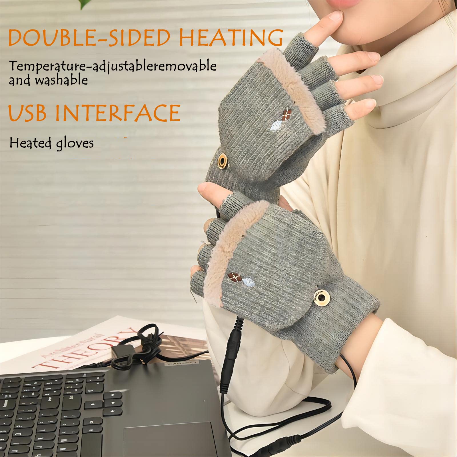 Heated Gloves for Women,Rechargeable Full & Half Hands Electric Gloves Heated Fingerless Touchscreen Gloves Heated Winter Hand Warmer(Grey)