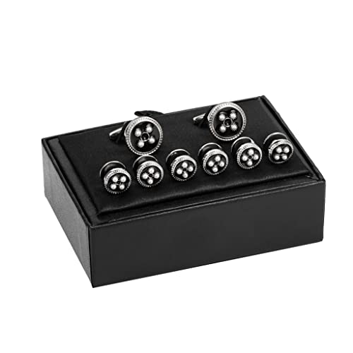 DGWLNFDMS Men's Round Cufflinks and Studs Black Enamel Pearl Cufflinks Set Wedding Gift Shirt Cufflinks Set (Color : A, Size : Same Size)