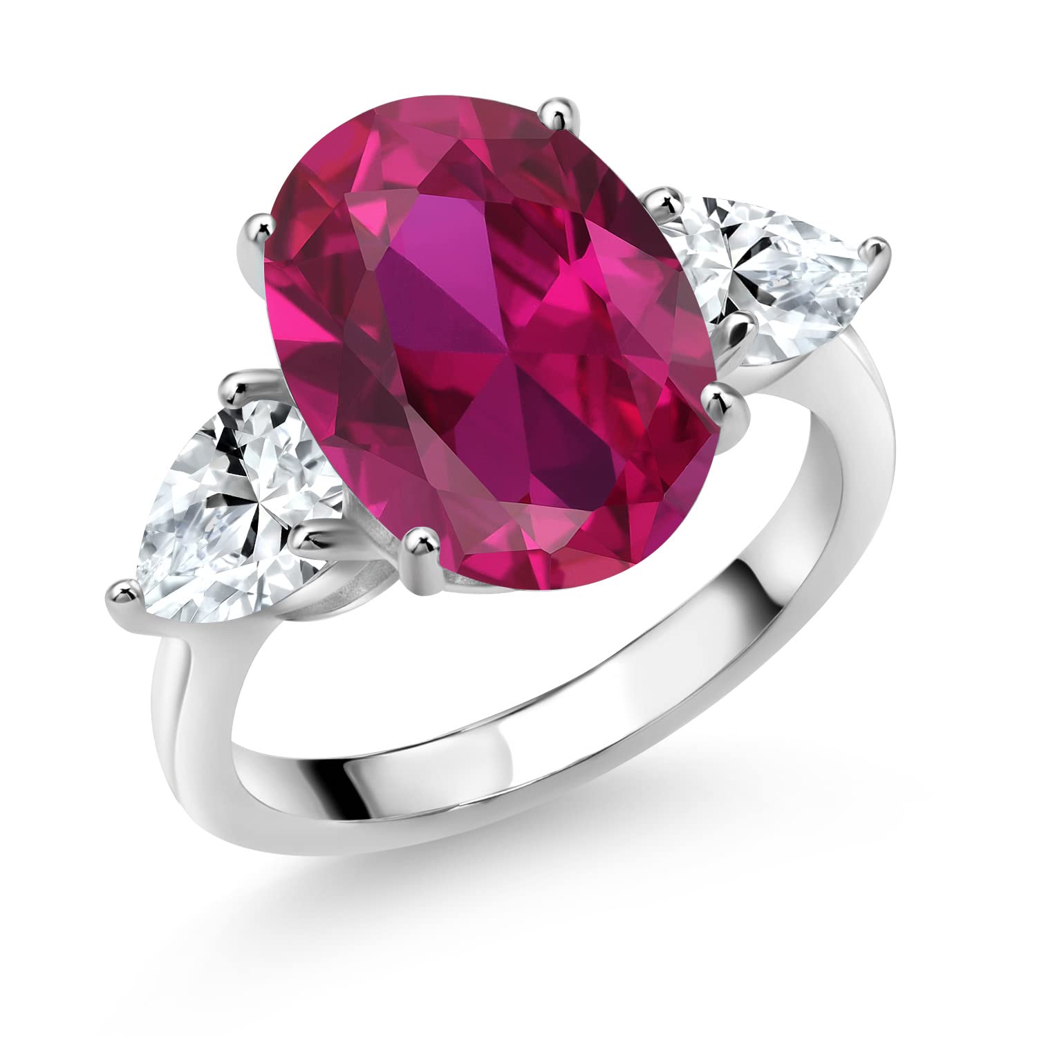 Gem Stone King 925 Sterling Silver Red Created Ruby and White Created Sapphire Ring For Women (5.00 Cttw, 14X10MM Oval and 7X5MM Pear Shape, Gemstone July Birthstone, Available In Size 5, 6, 7, 8, 9)