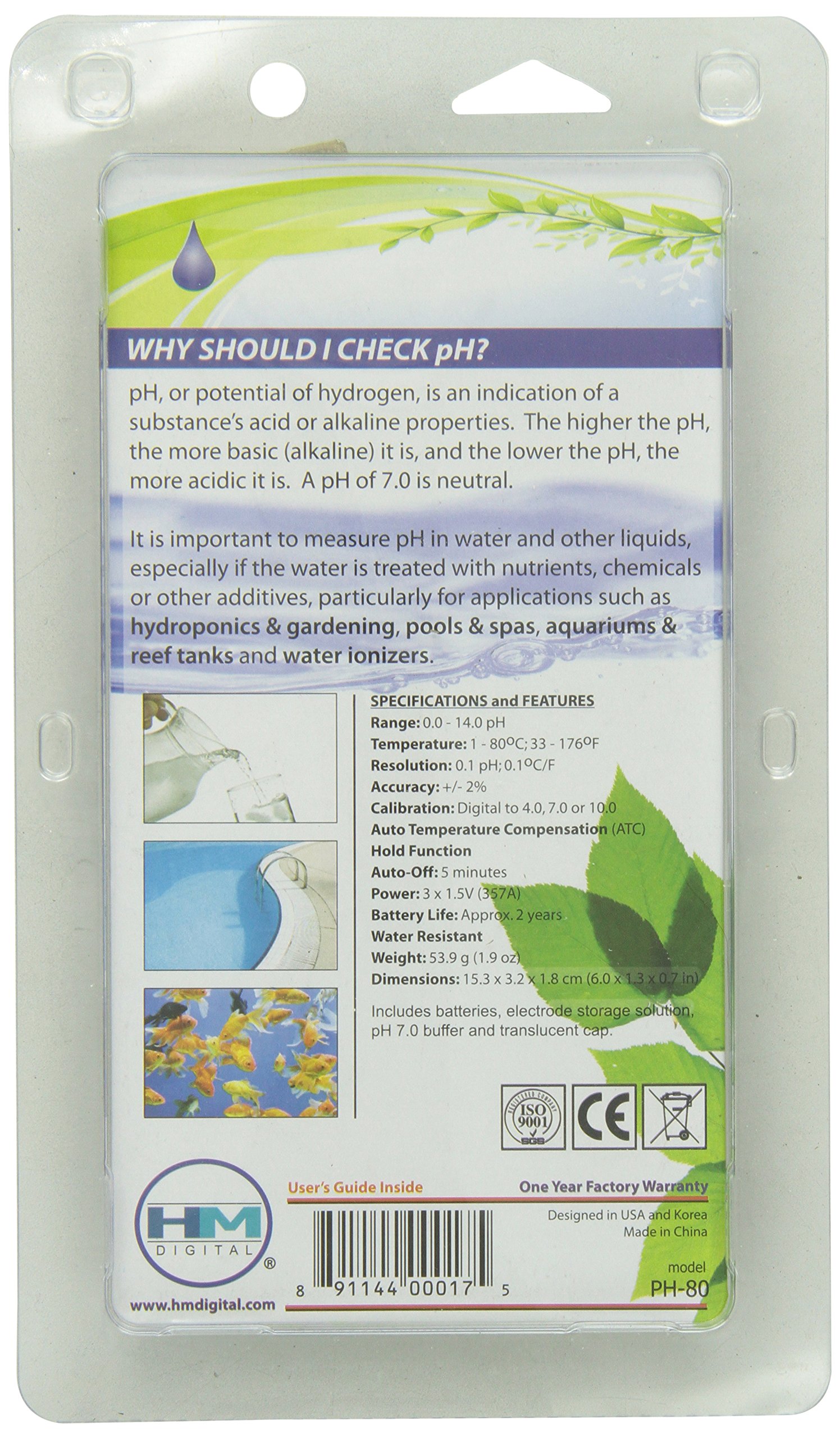 HM Digital HMPH80 HMDPHM80 Digital pH/Temperature Meter, 0-14 pH Range, 1 pH Resolution, 2% Readout Accuracy, Purple
