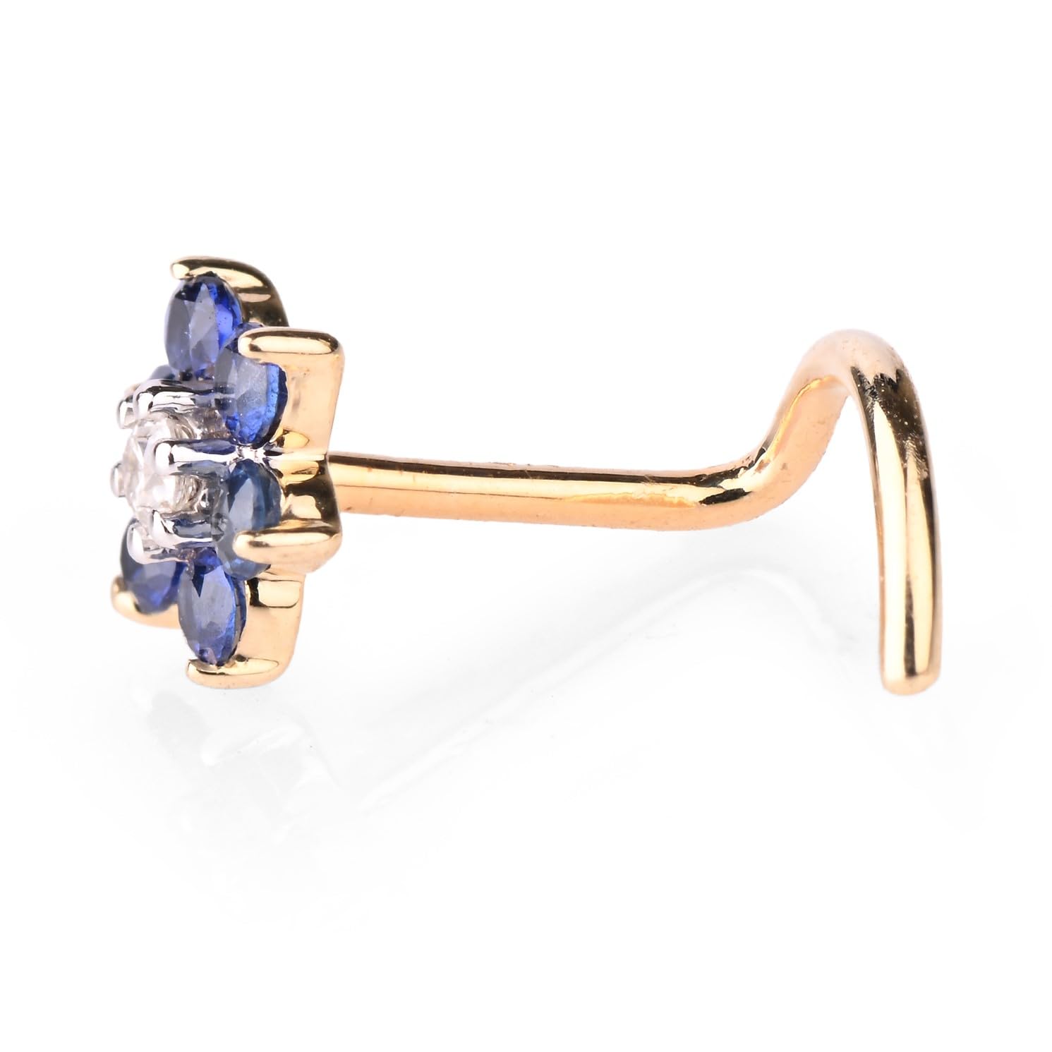 Demira Jewels 14K Yellow Gold Nose Piercing Wire Setting Stud with Real Diamond and Natural Blue Sapphire Flower β Elegant Wedding Nose Ring, Stunning Bridal Nose Jewelry.