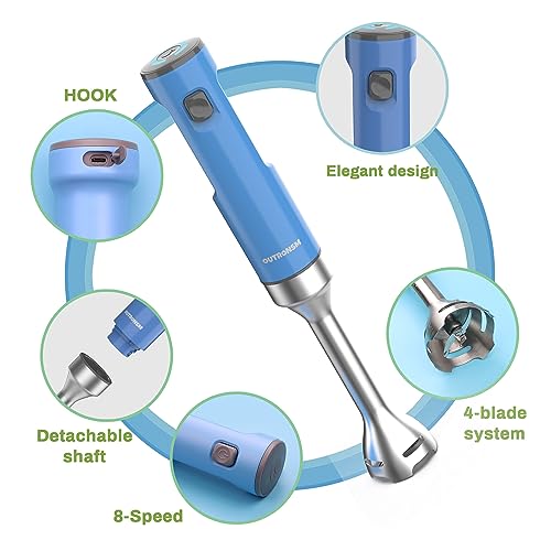 Cordless Hand Blender, OUTRONSM Immersion Blender Rechargeable, with Charging Cable, 500ml Chopper, 600ml container, Egg Whisk, for Smoothies, Milkshakes, Baby Food and Soups β Blue