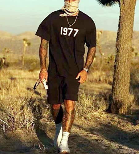 Summer Casual T-Shirt for Men Women 1977 Letter Print Shirt Classic Couples Short Sleeved Sweatshirts Pullover Tee Top (Black,Medium,Medium)