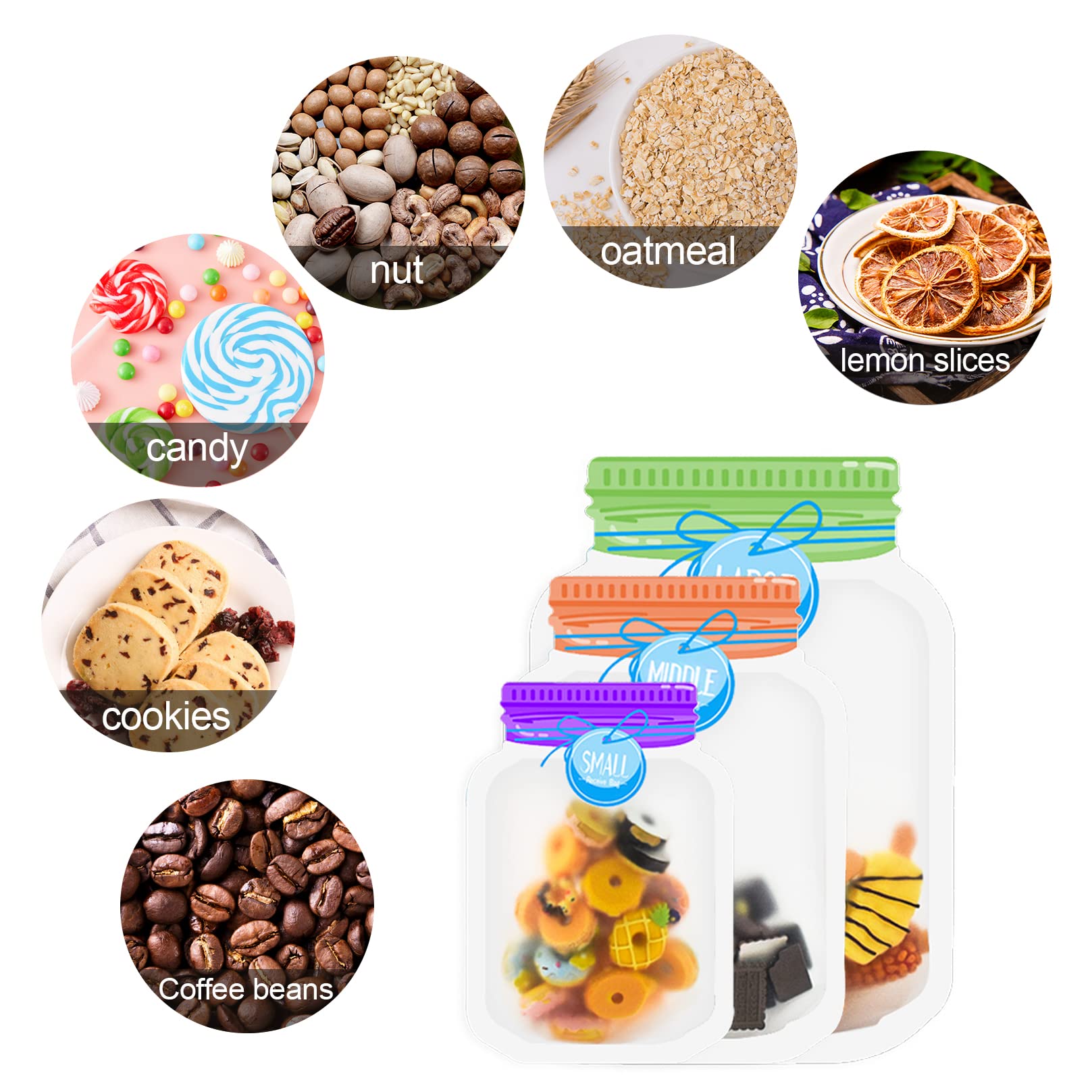 Enkrio 30 Pcs Mason Jar Zipper Bags Reusable Snack Bags Airtight Seal Bags for Kitchen Picnic (5S 10M 15L)