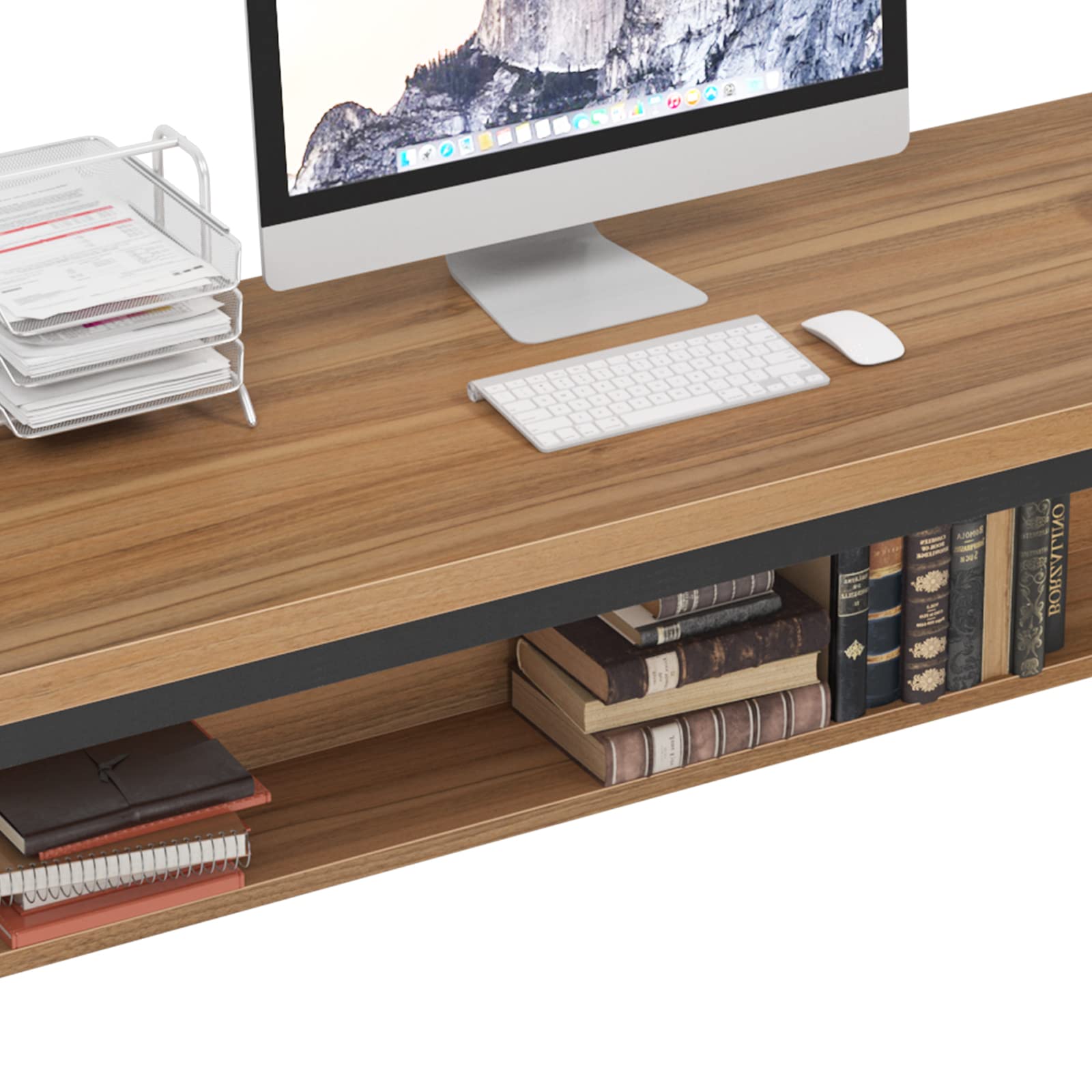 DlandHome 55 inch Computer Desk with Storage Shelf Underneath, Office Trestle Desk Desk, Writing Table Workstation Table with Bookshelf for Home Office, LD-JB01OK