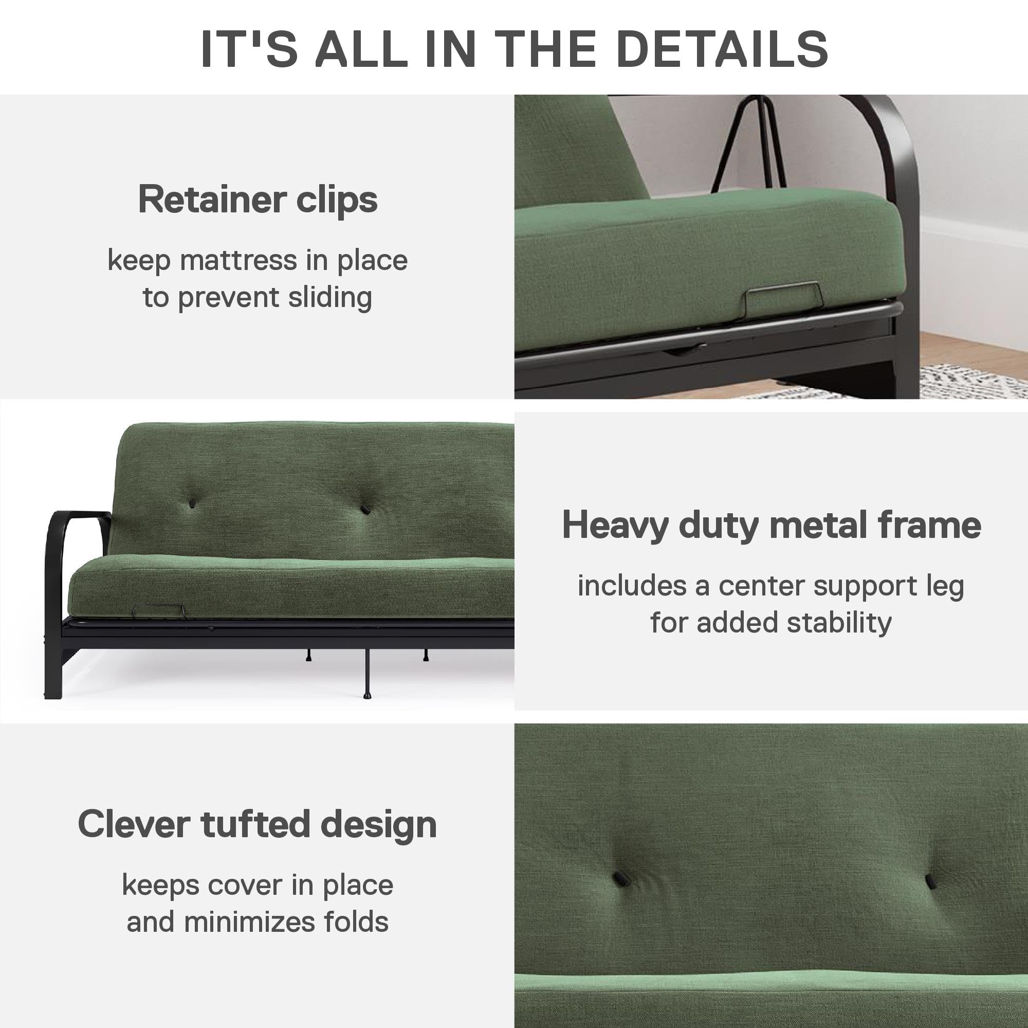 DHP Brax Black Metal Arm Full Size Frame with 6” Thermobonded High Density Polyester Fill Futon Mattress