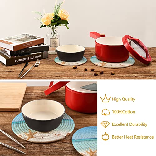 Summer Starfish Sandy Hot Mats Pads for Kitchen Heat Resistant, Seaside Coast Decorative Trivets for Hot Pots Pans Counter Tops Dining Washable Pot Holder Coasters Set
