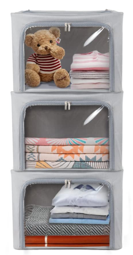 Stackable Clothes Storage Box for Clothing Gadgets,Steel Frame Storage Bins for Bedding Blankets Toys Gift,Foldable Oxford Fabric Closet Organizer Bag Set with Carry Handles and Clear Window (Medium- 40L x3 Pack, Grey)