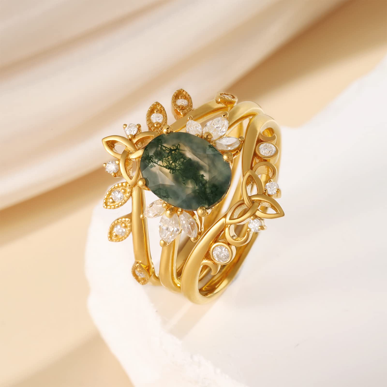 GEME Oval Moss Agate Women's Engagement Ring, 925 Silver Black Rutilated Quartz Promise Rings 18K Plated Jewelry with moissanite for Her Lady Women