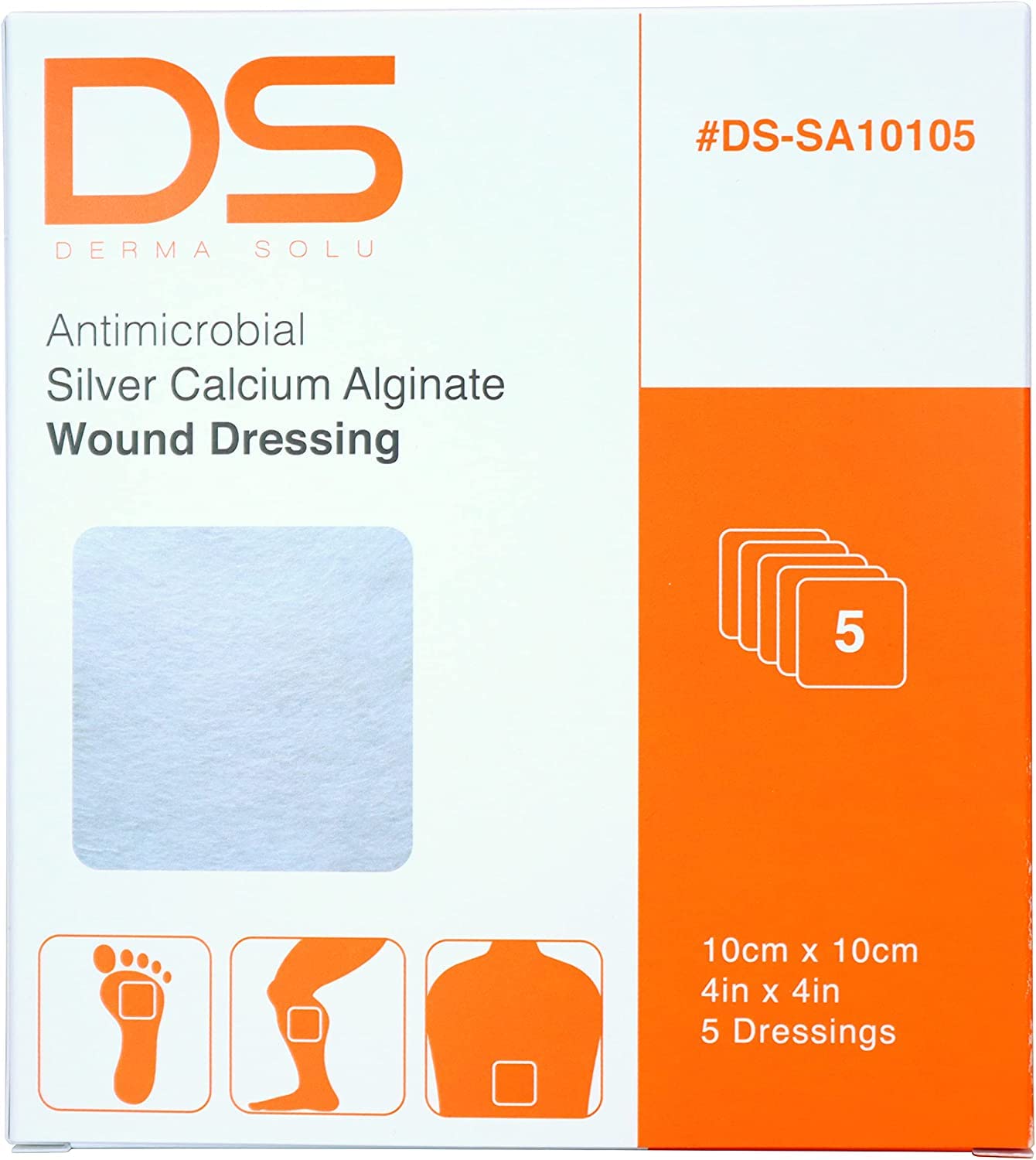 DERMA SOLU 4” x 4” Silver Calcium Alginate Wound Dressing Alginate w/Silver Sterile (4" x 4" (5 Dressings))