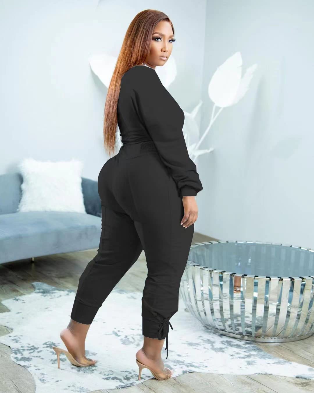 Fall Outfits for Women 2 Piece Sets Sweatsuits Track Suits Two Piece Off One Shoulder Long Sleeve Crop Top Pants Jogger Sets Black 2XL