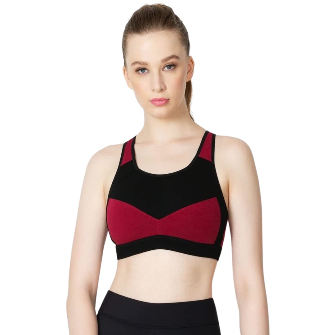 Ellen Bell Women's Sports Bras for Yoga, Gym Full High Support Cotton Removable Pads | EB-003 |(Wine,XXL)