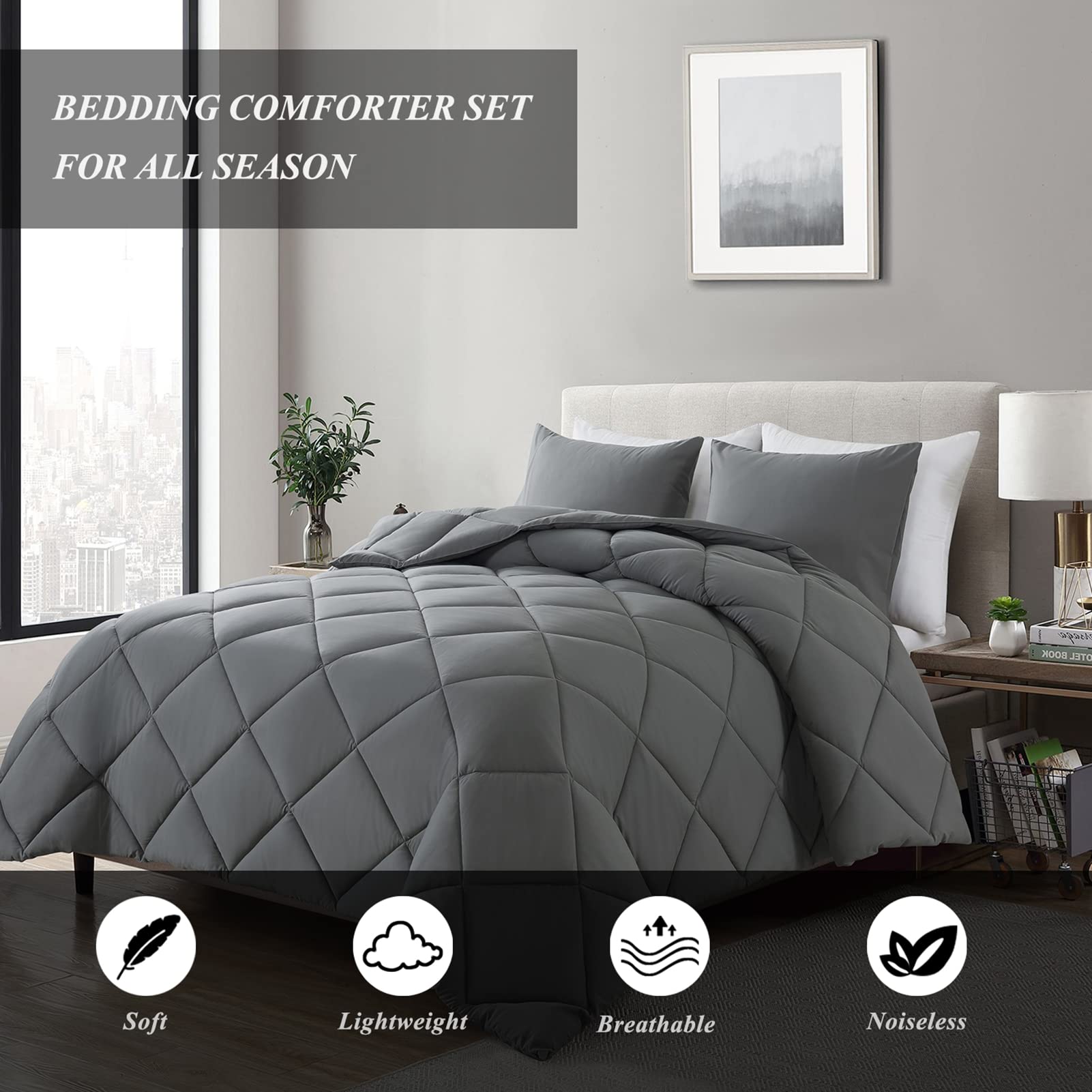 ELNIDO QUEEN® Grey Queen Comforter Set with 2 Pillow Shams - 3 Pieces Bed Comforter Set - Gray Down Alternative Comforter Set - Lightweight All Season Bedding Comforter Sets Queen Size(88x92 inch)