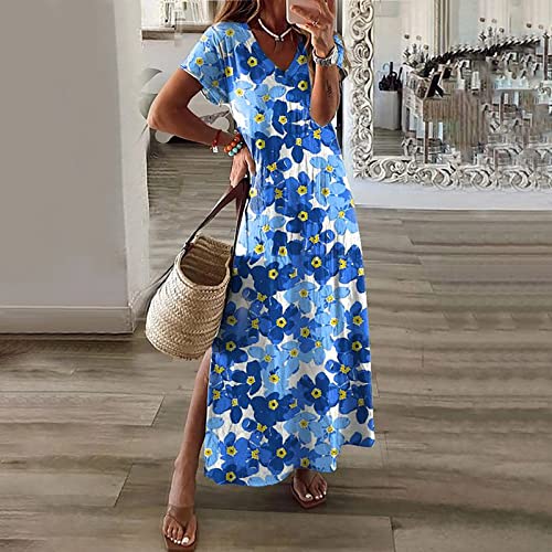 Fall Women Maxi Dress Summer Spring Short Sleeve Split Long Casual V Neck Boho Tank Dresses Beach Sundress Blue