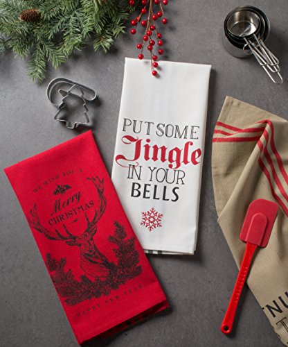 DII Holiday Collection Vintage Print Dishtowel Set, 18x28, Christmas Stag, 3 Piece