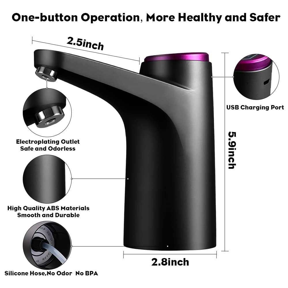 Enutogo Water Bottle Pump 5 Gallon Water Dispenser, Water Pump for 5 Gallon Jug USB Charging, Automatic Drinking Water Dispenser Pump, Portable Electric Water Dispenser for 2-5 Gallon Bottle, Black