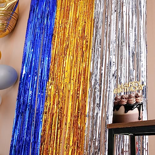 LOLStar 2 Pack Navy Blue Gold and Silver Party Decorations 3.3X6.6 ft Each Foil Fringe Tinsel Curtains Backdrop, Streamers - Perfect for Birthdays, Showers, Retirement, Graduations, Weddings